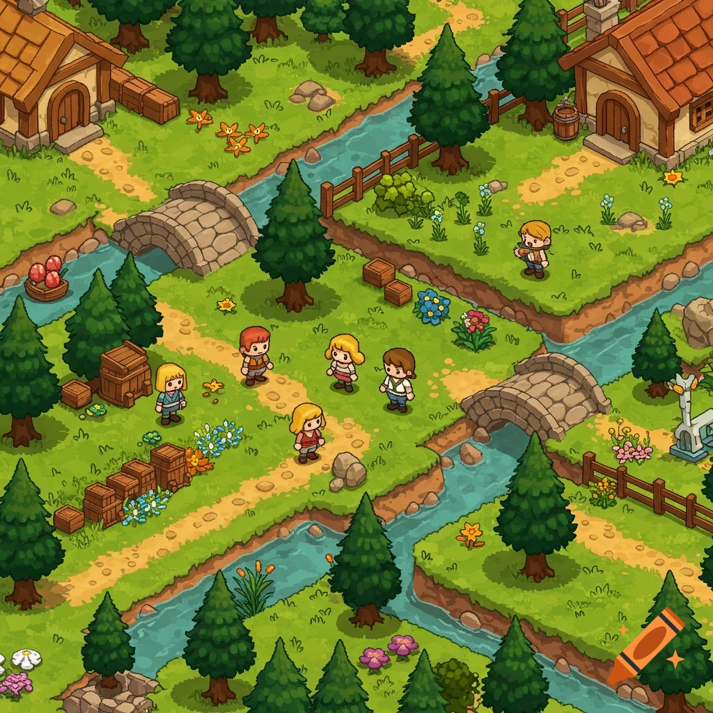 A pixel art top-down winter town scene with a red-roofed house, snowy ...