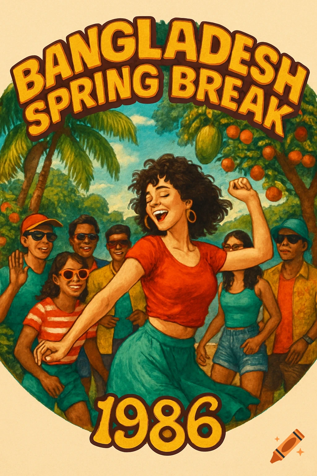 Vibrant retro illustration of a woman dancing joyfully with friends in a tropical setting. Text ...