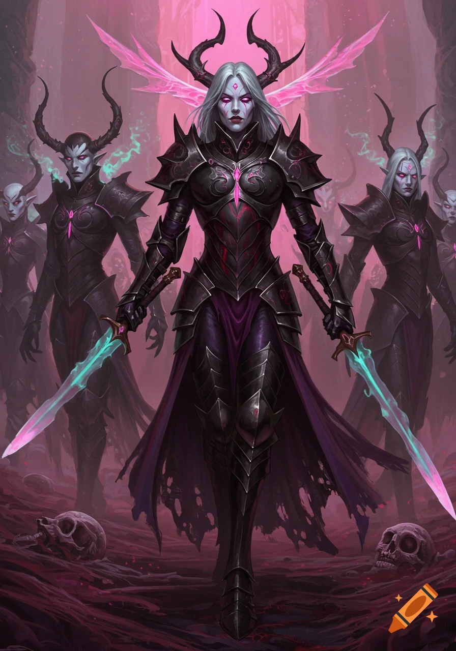 A white-haired fantasy warrior in black and purple armor, with glowing ...