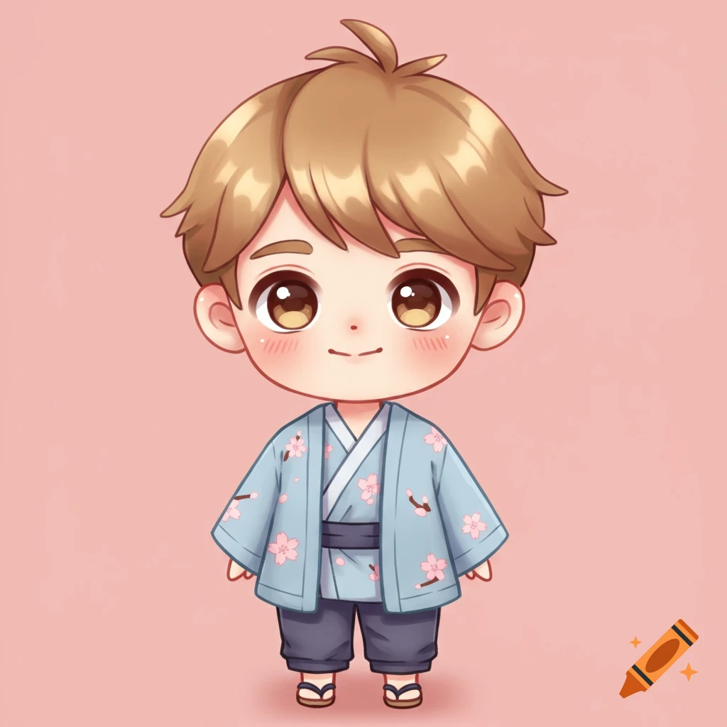 A cute anime chibi child with sparkling eyes, wearing a light blue ...