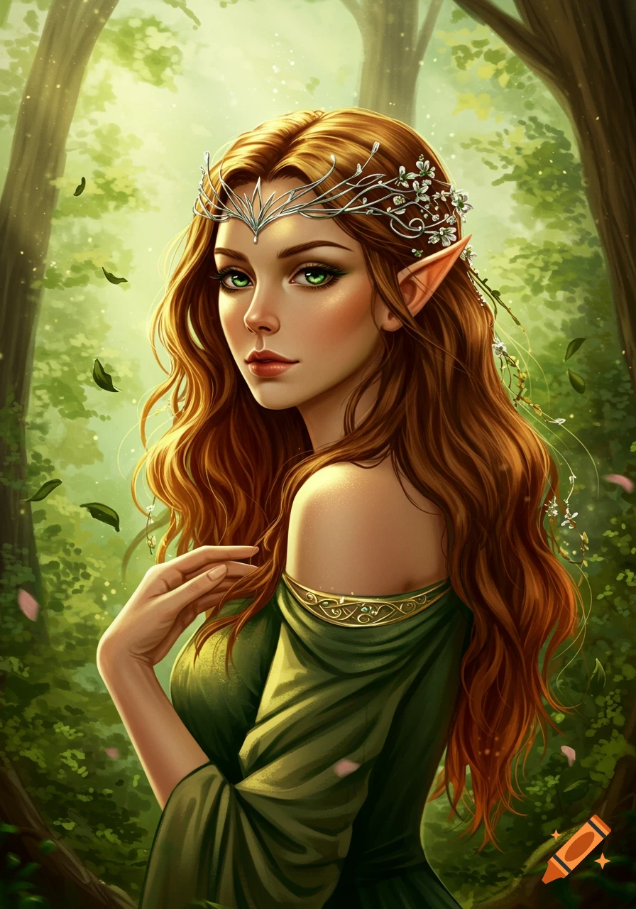 Fantasy illustration of a beautiful elf woman with long auburn hair and ...