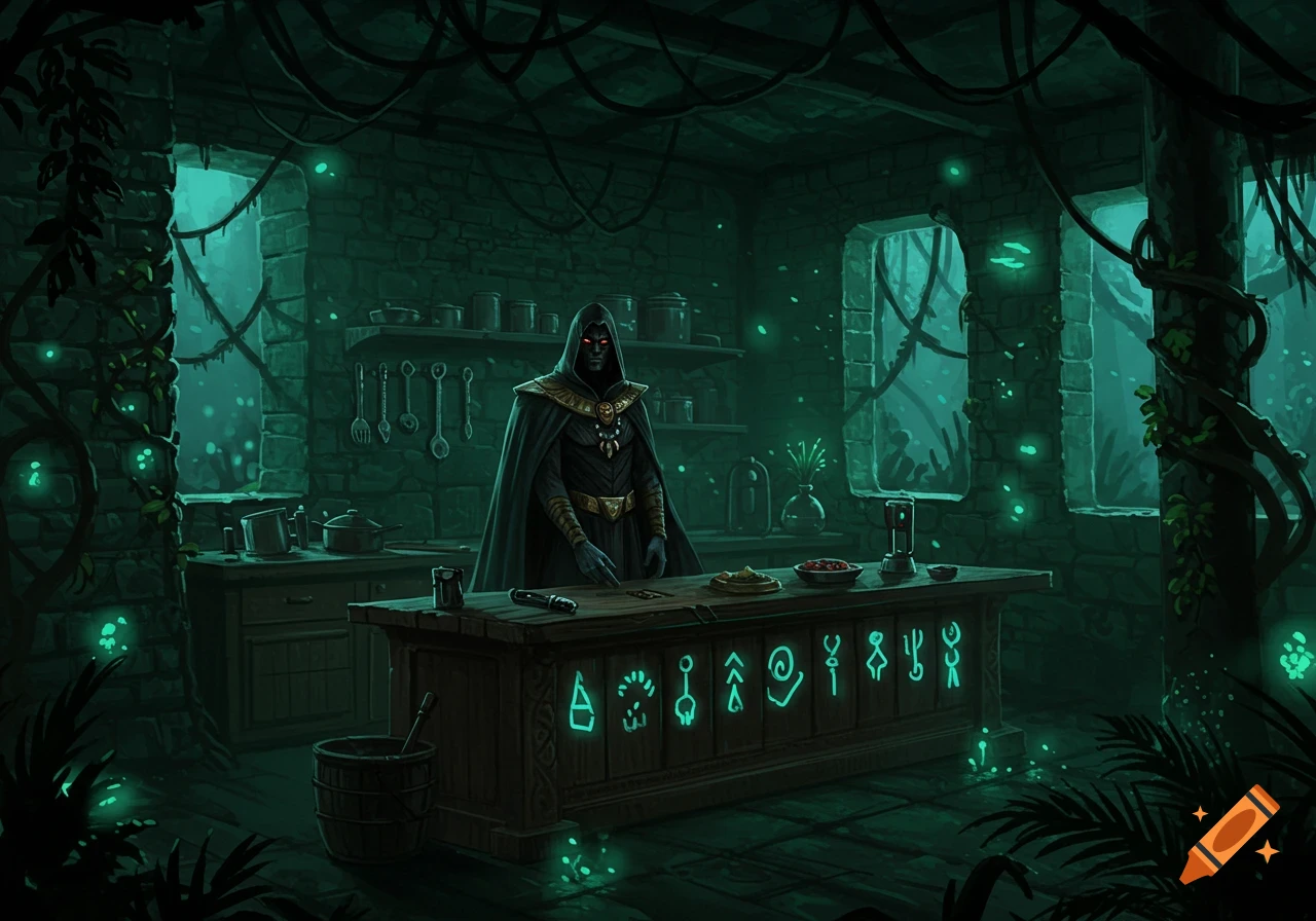 A shadowy sorcerer in dark robes with glowing red eyes stands behind a ...