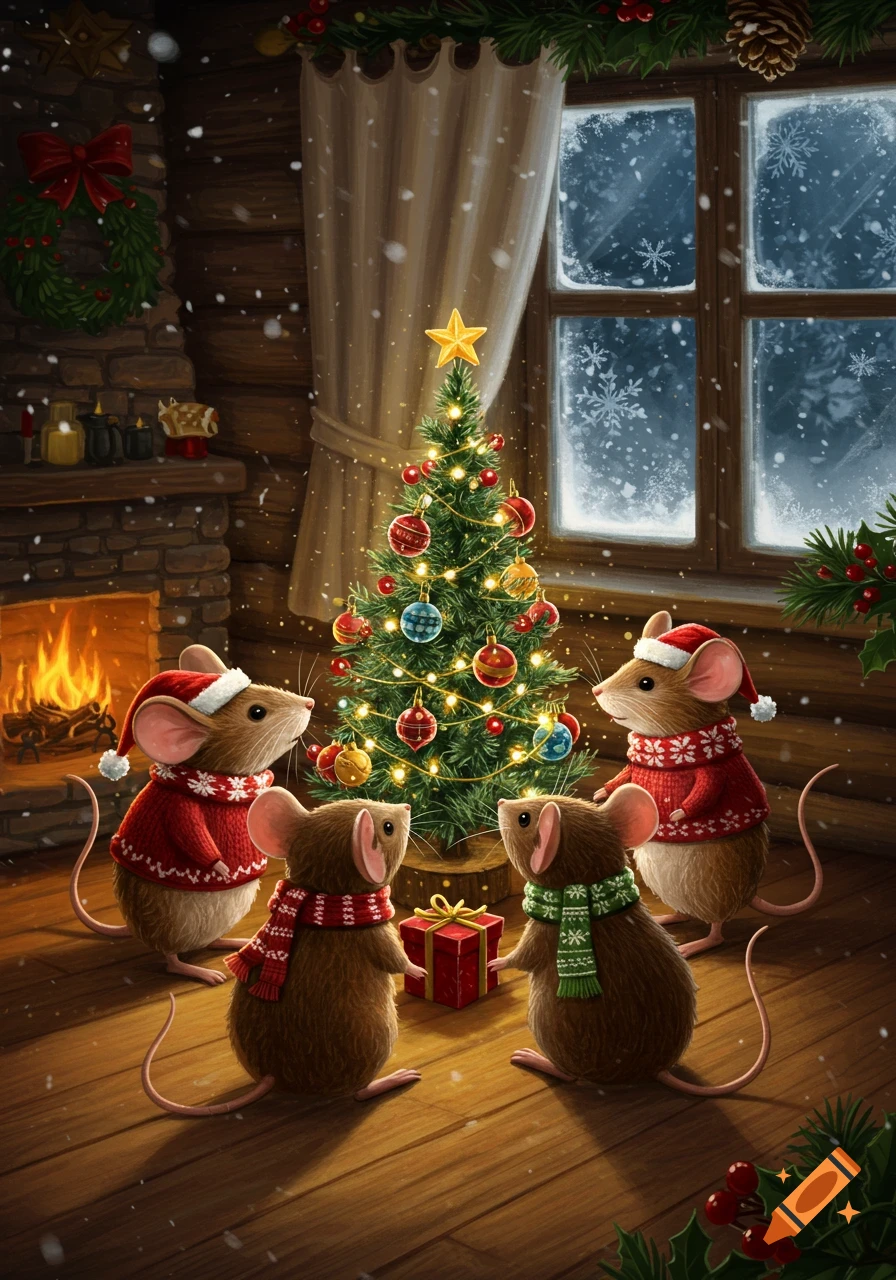 A festive elephant in a Santa hat and red scarf drinks tea with a ...