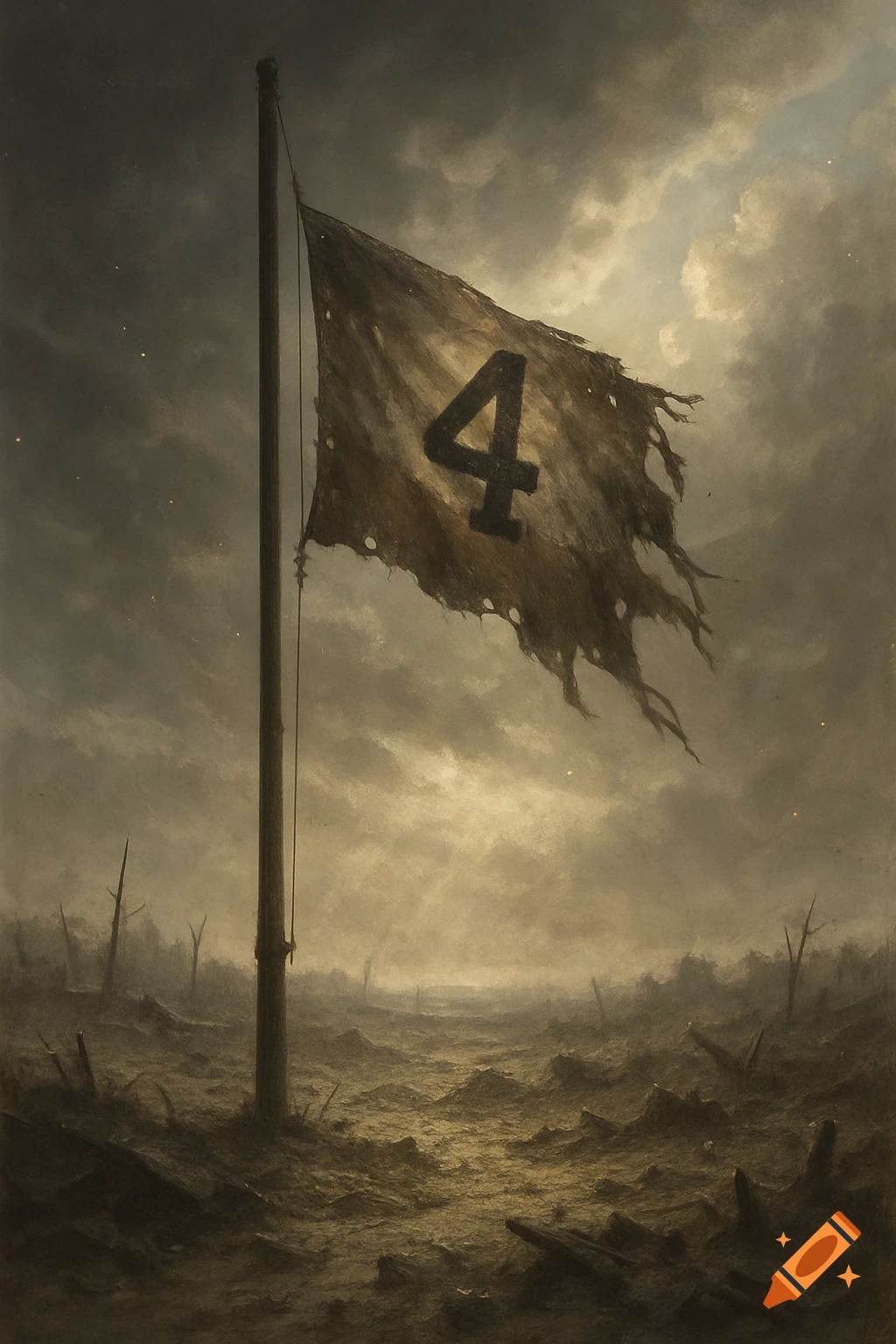 Seven figures in long drab coats stand within a deep cracked ditch in a ...