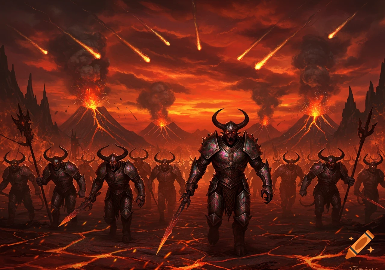 A vast army of horned devils marches from a burning gate into a hellish ...