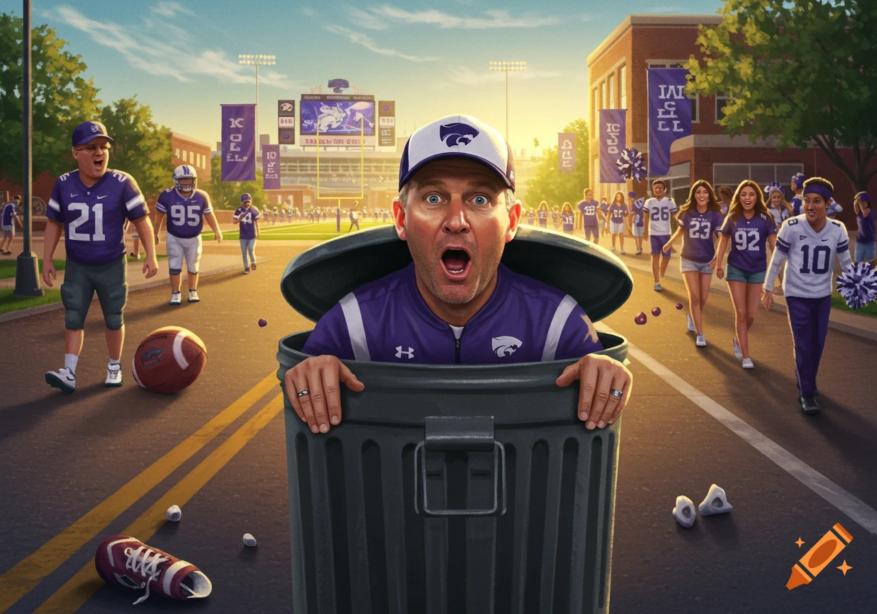A surprised football coach in a trash can on a street outside a stadium ...