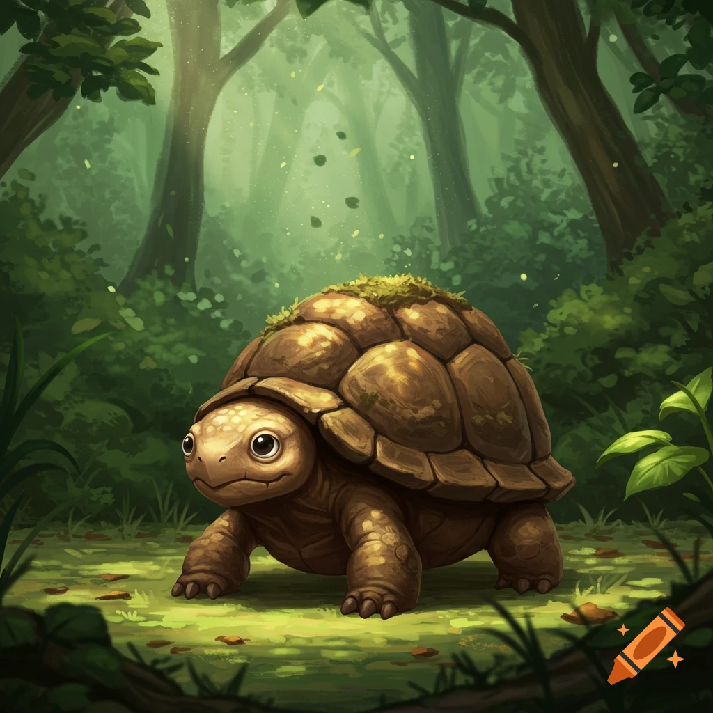 A friendly tortoise with a colorful shell walks through a lush, glowing ...