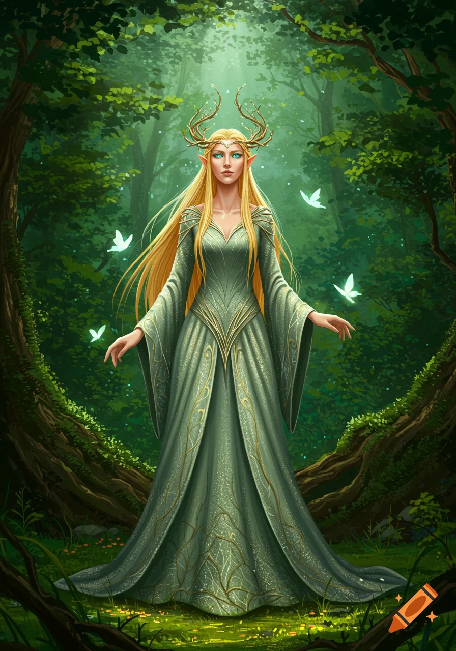 A beautiful elf with long white hair and a green, leafy dress stands in ...