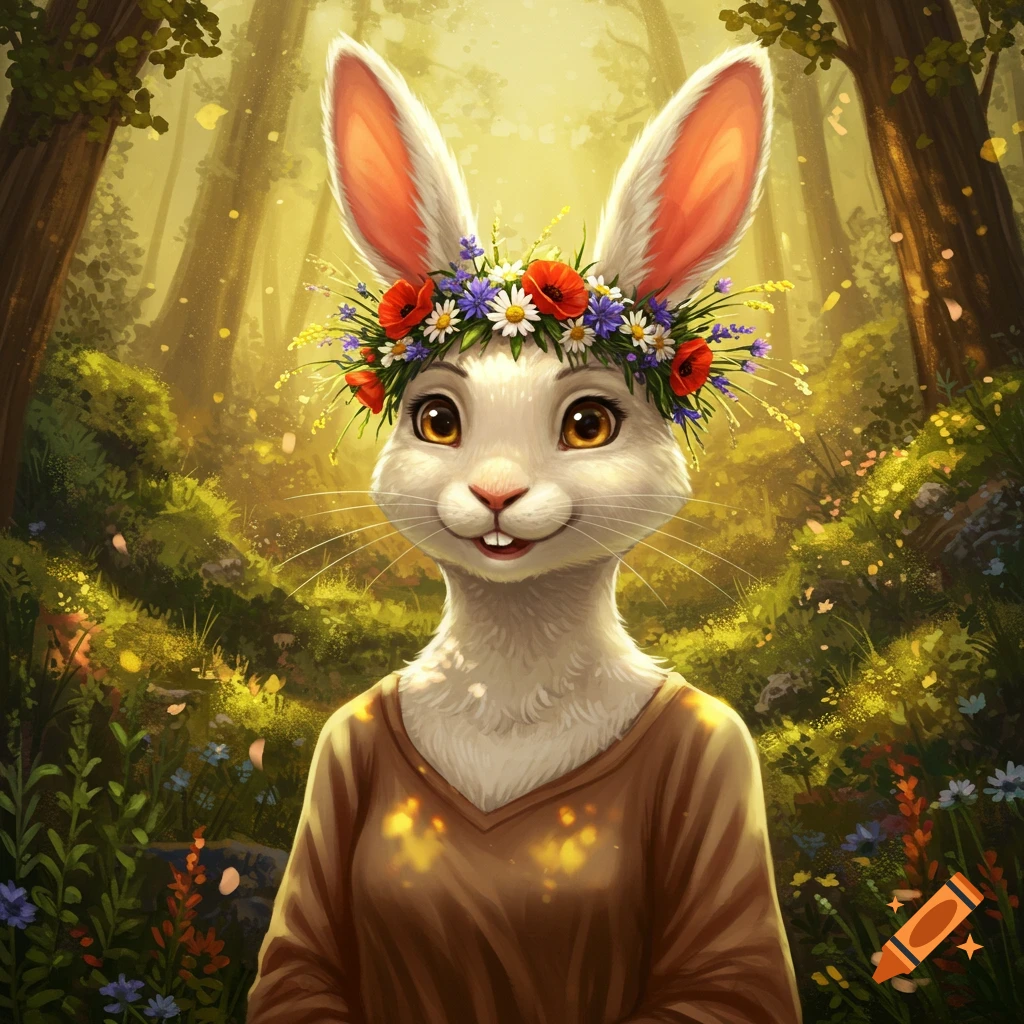 An anthropomorphic rabbit with a flower crown smiles in a sunlit ...