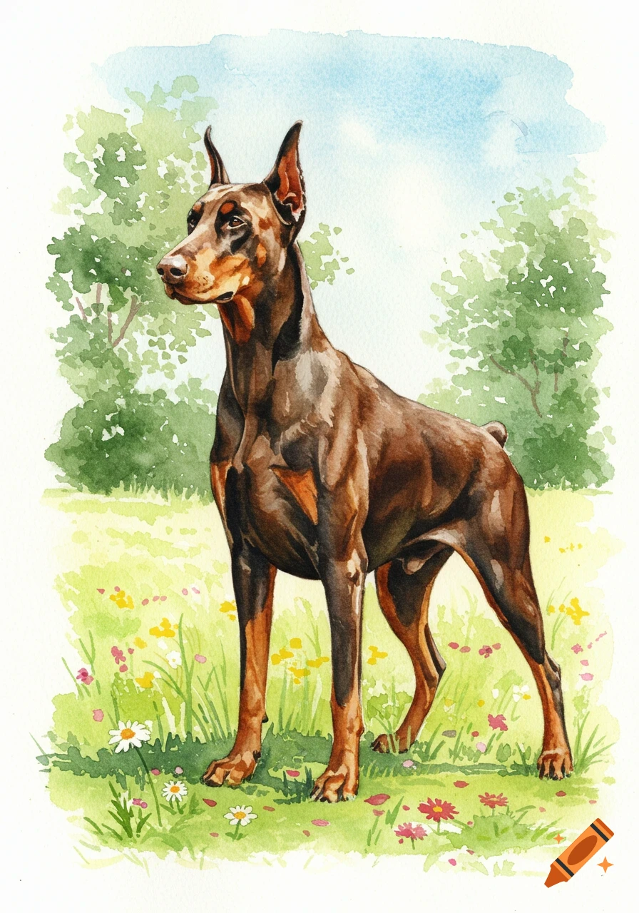 Watercolor painting of a brown Doberman dog standing in a field of ...