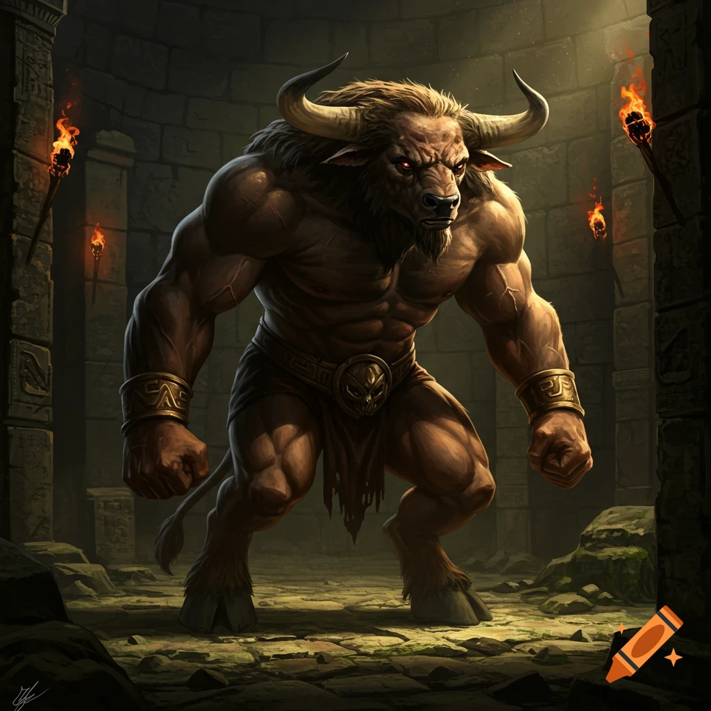 A fierce minotaur with glowing red eyes stands in a crumbling, torch ...