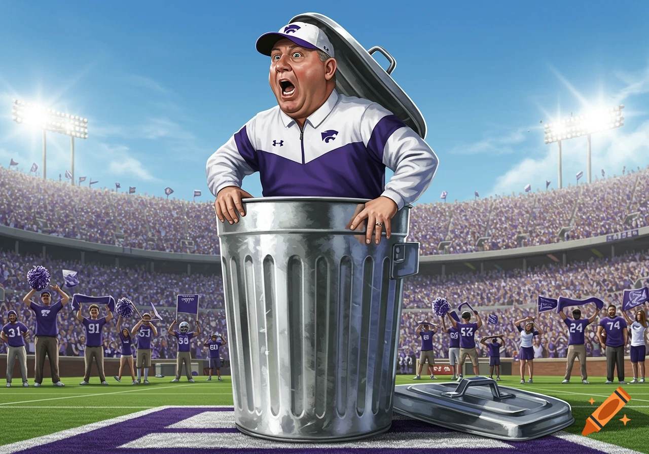Caricature of a K-State football coach in a trash can on a field ...