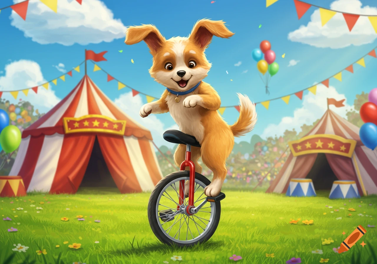 A happy retro cartoon cat rides a bicycle through a colorful village ...