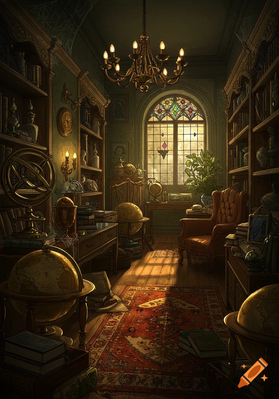 A cozy, sunlit coffee shop or library scene with bookshelves, steaming ...
