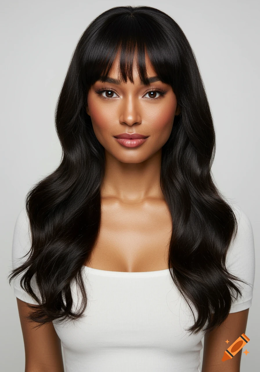 Photorealistic portrait of a woman with long dark wavy hair, bangs, and ...