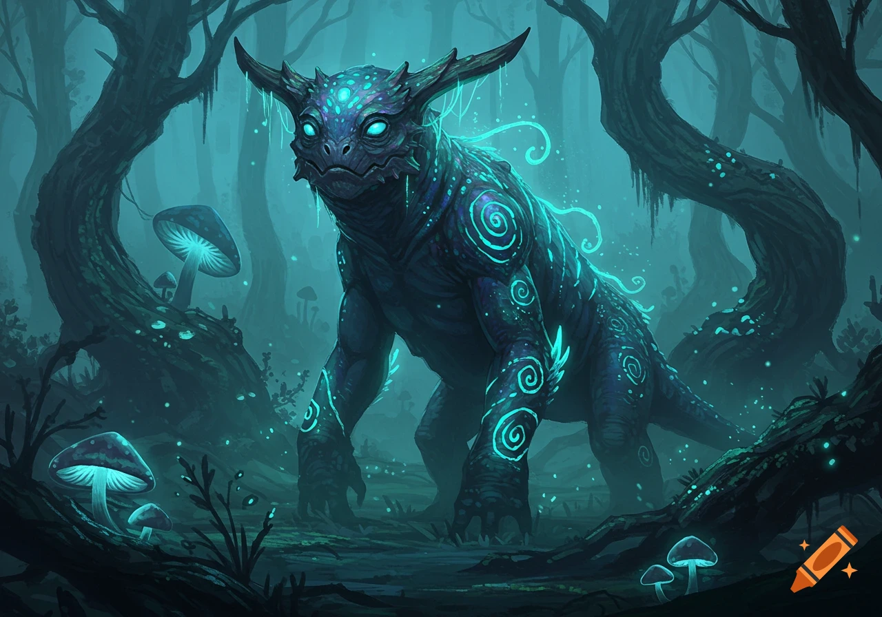 Mutant insectoid creature stands in a glowing purple and teal fantasy ...