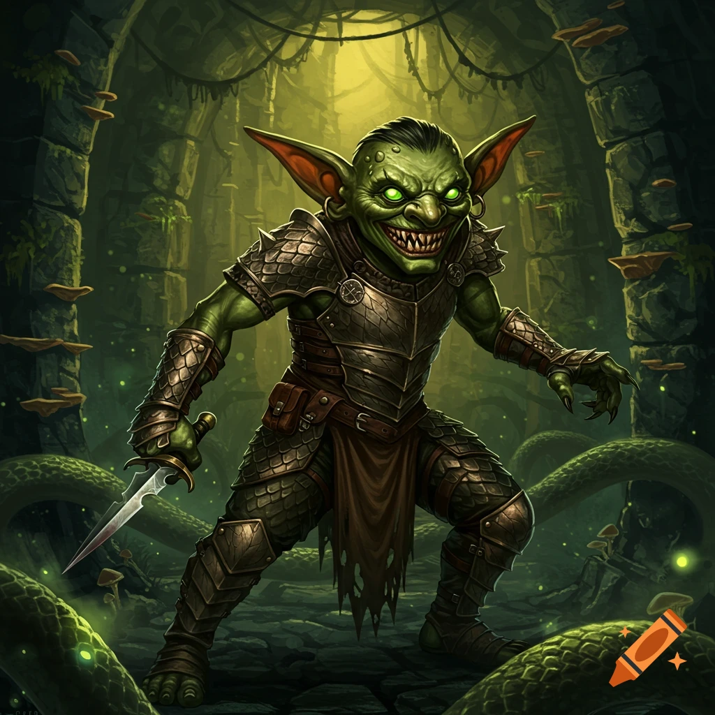 A menacing green goblin in snake-scale armor holds a dagger in a dark ...
