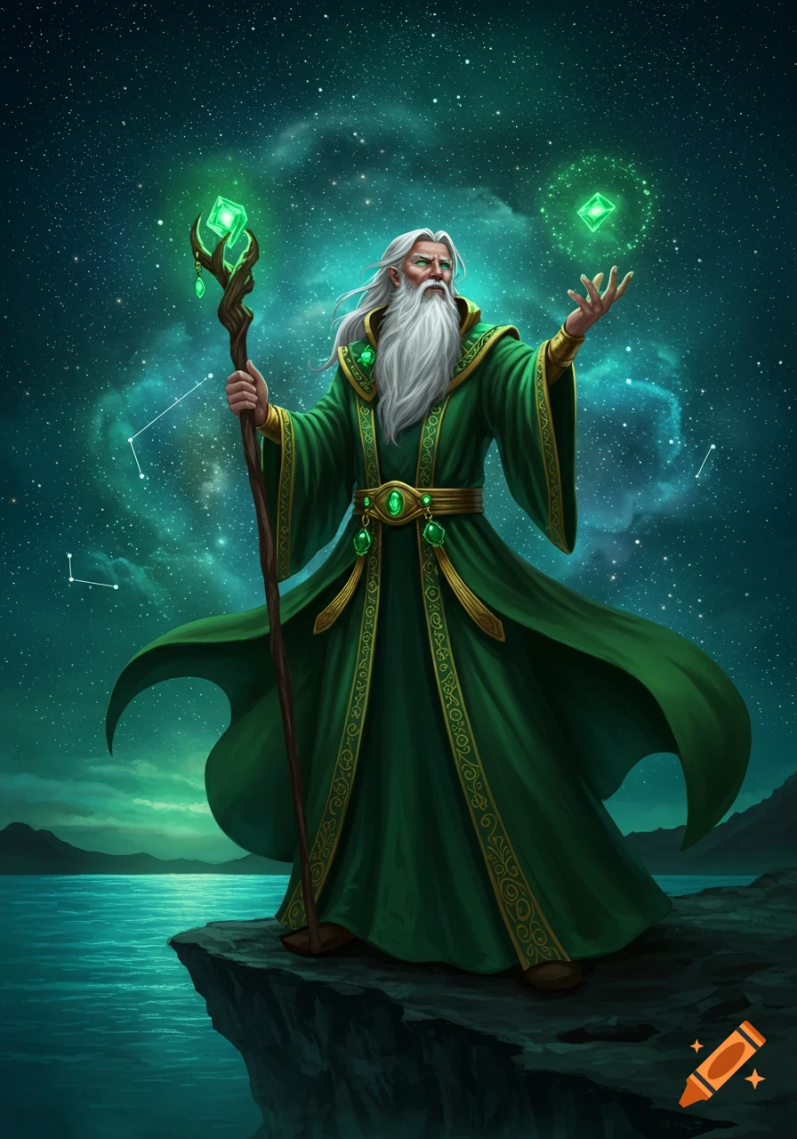 An old wizard with a long white beard and green robes stands in a field ...