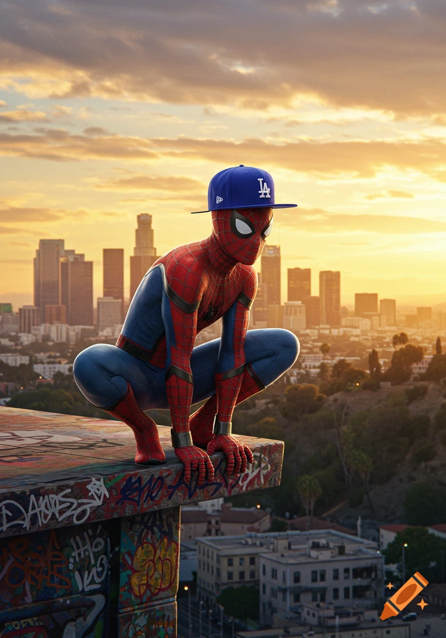 A Roblox-style Spider-Man character is framed by a window, overlooking ...