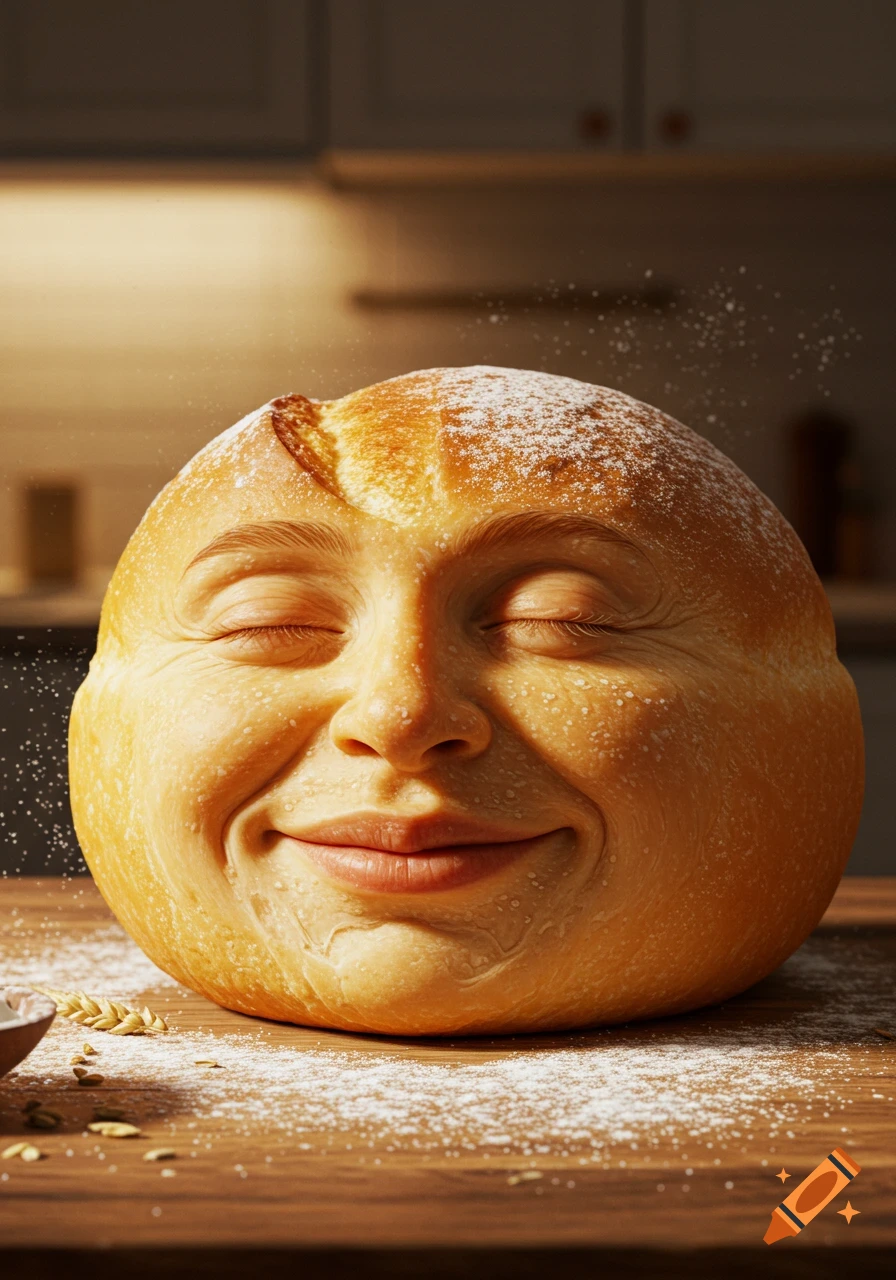 Photorealistic image of a smiling bread loaf with a human face ...