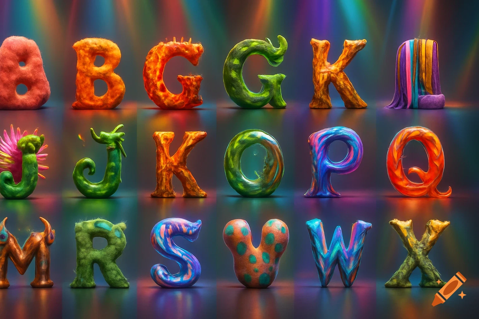 Sculptural, colorful alphabet letters (A-X) with various textures on a ...