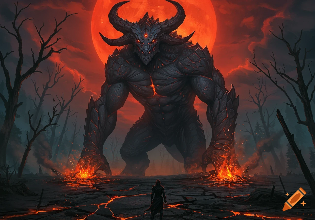 Massive horned demon stands over a small figure in a dark, fiery forest under a blood-red moon ...