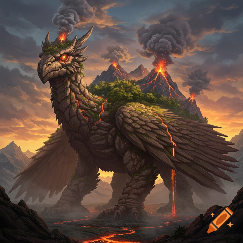 Giant rock creature resembling a bird with volcanic peaks, trees, and ...