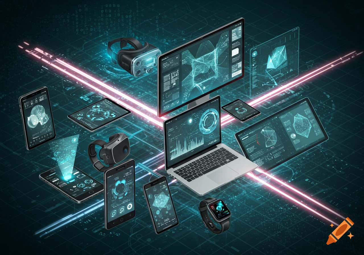 A laptop screen displays 'INTELLIGENCE' with binary code flowing, next ...