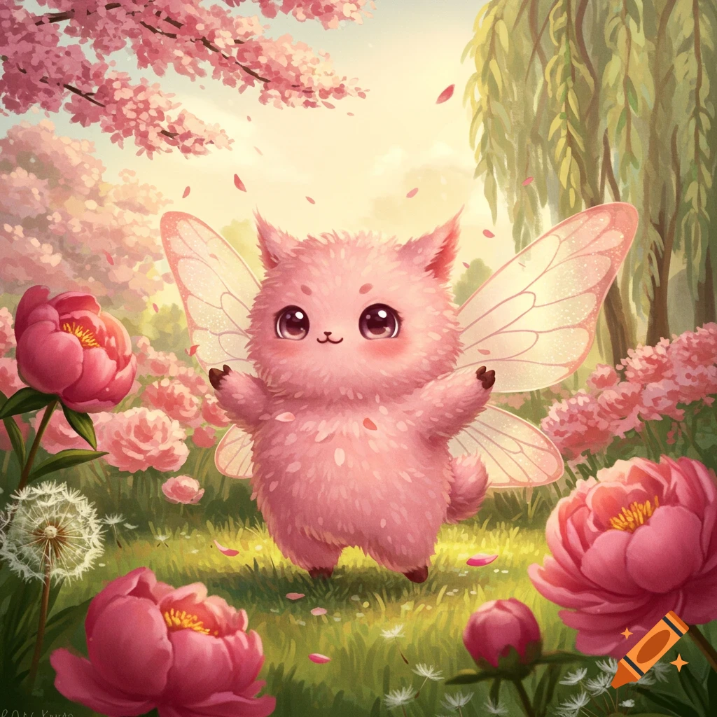 A cute fluffy pink creature with fairy wings stands in a vibrant spring ...