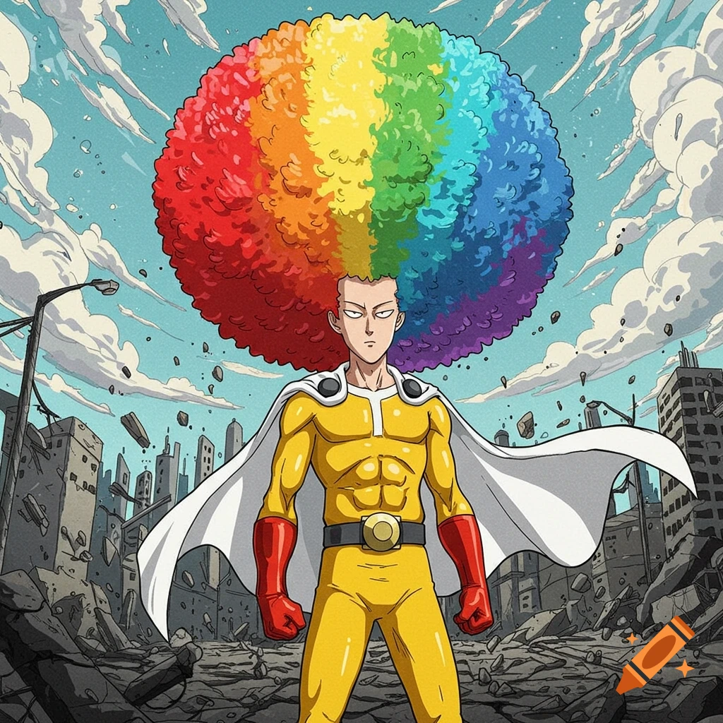 Anime illustration of One-Punch Man in a yellow suit and white cape ...