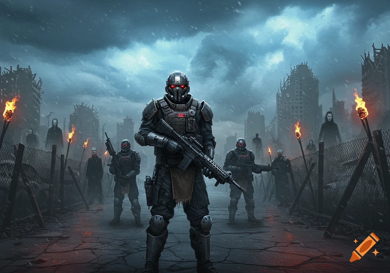 A photorealistic image of a soldier with a skull mask running through a ...