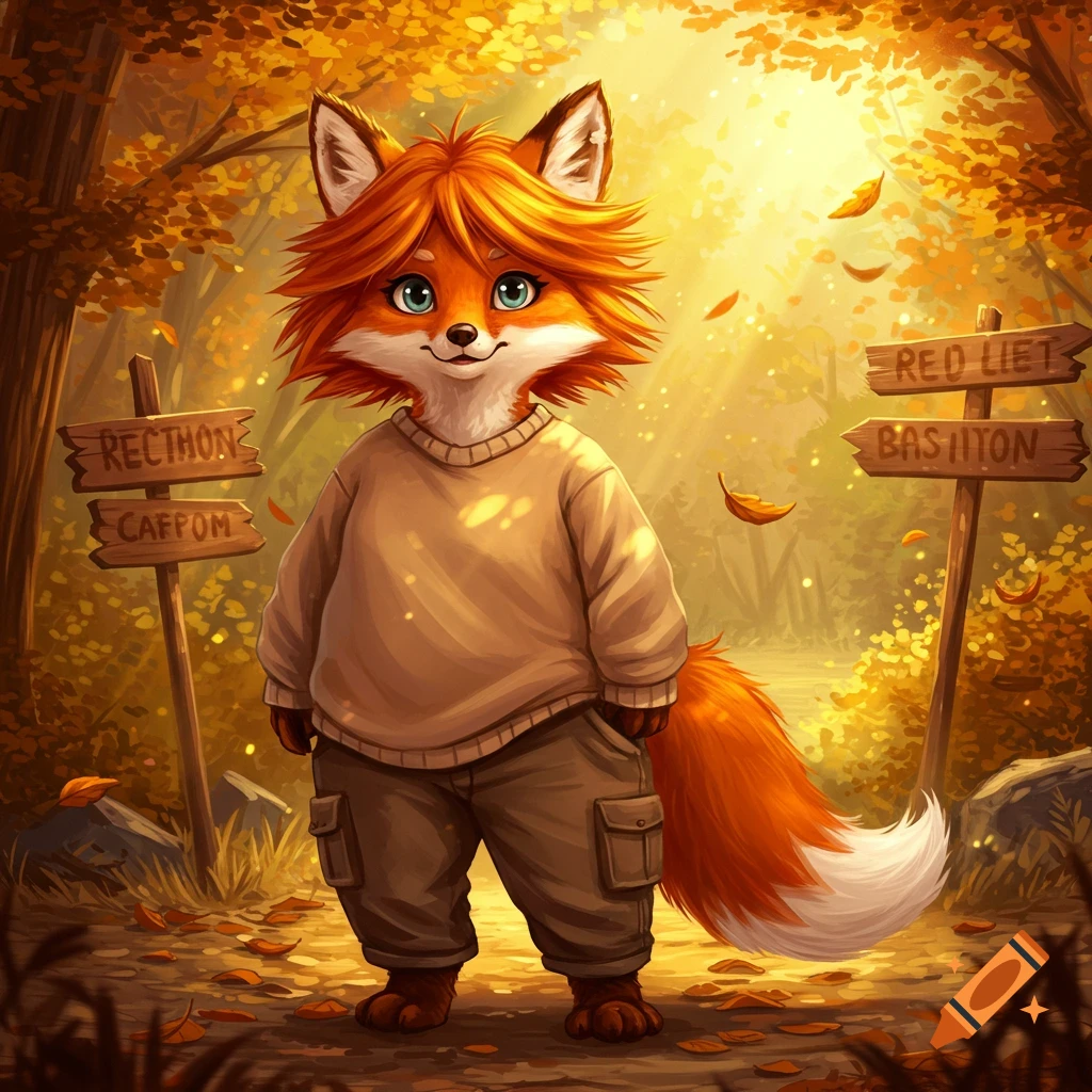 A cute, fluffy anthropomorphic fox character with orange hair and big ...