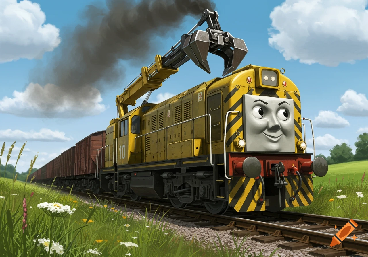 Animated yellow train with a friendly face, a claw crane, and the ...
