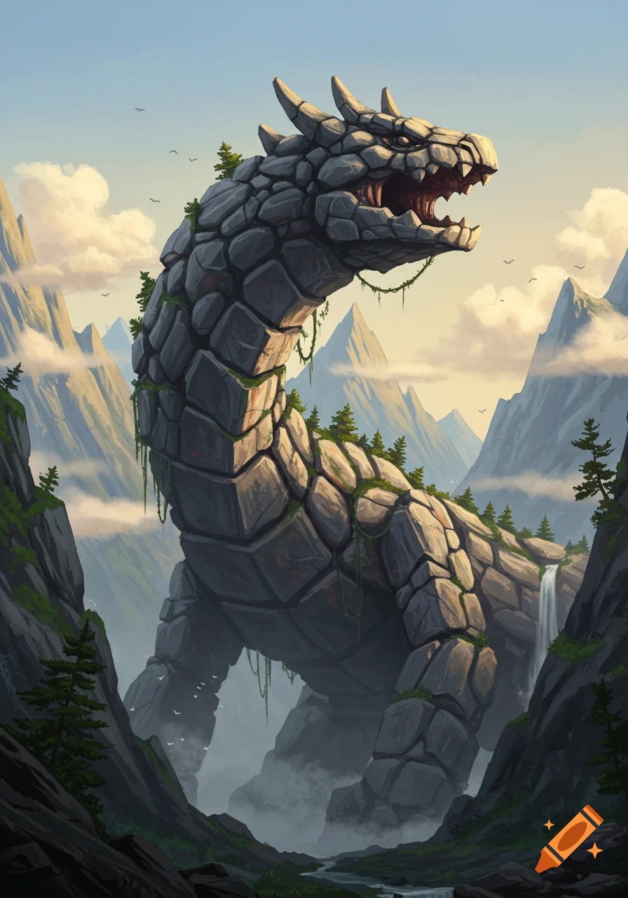 A giant dragon-like creature made of rocks, covered in trees and moss ...