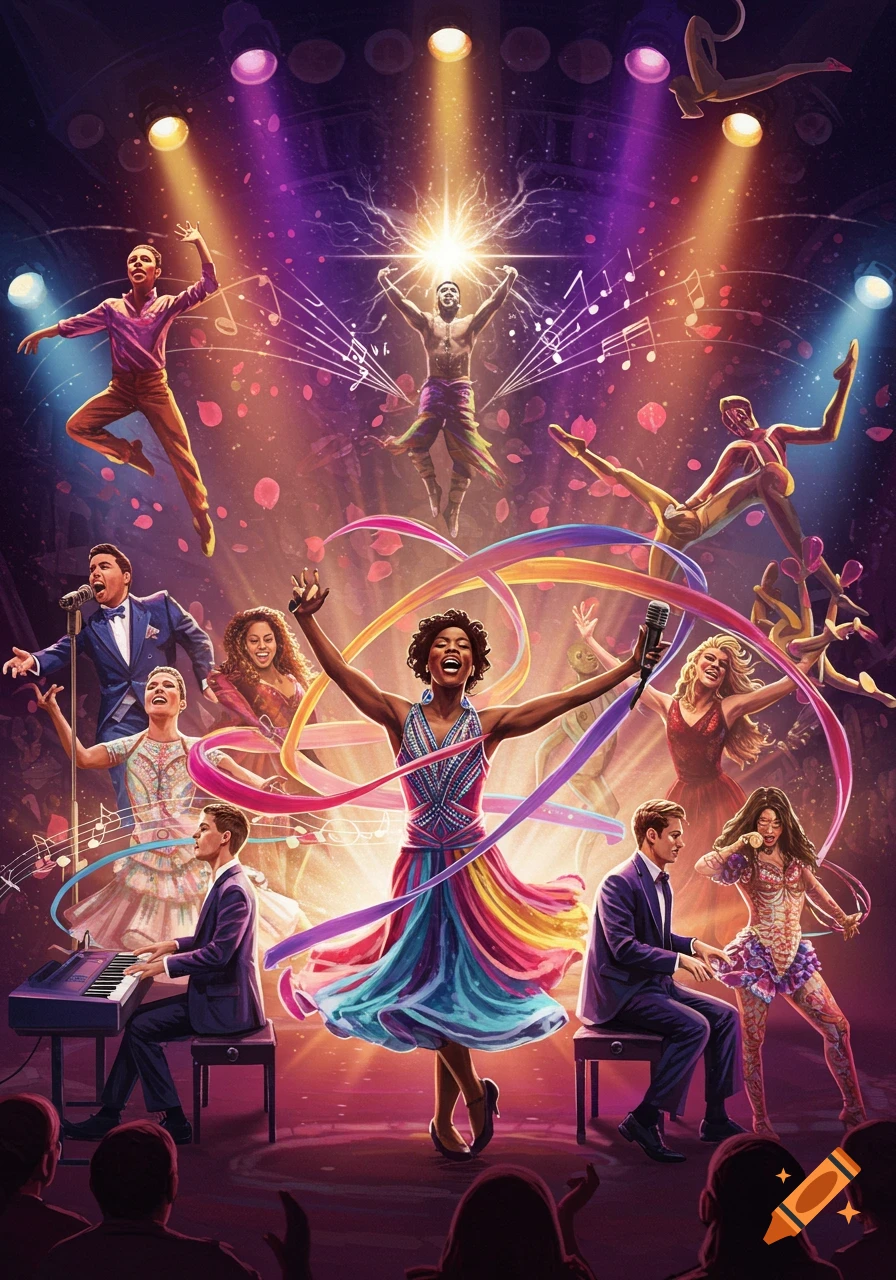 A vibrant illustration of a stage performance with multiple singers ...