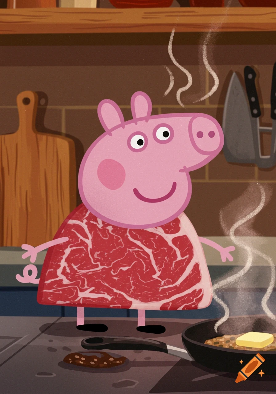 A cartoon pig resembling Peppa Pig wears a raw steak dress while ...