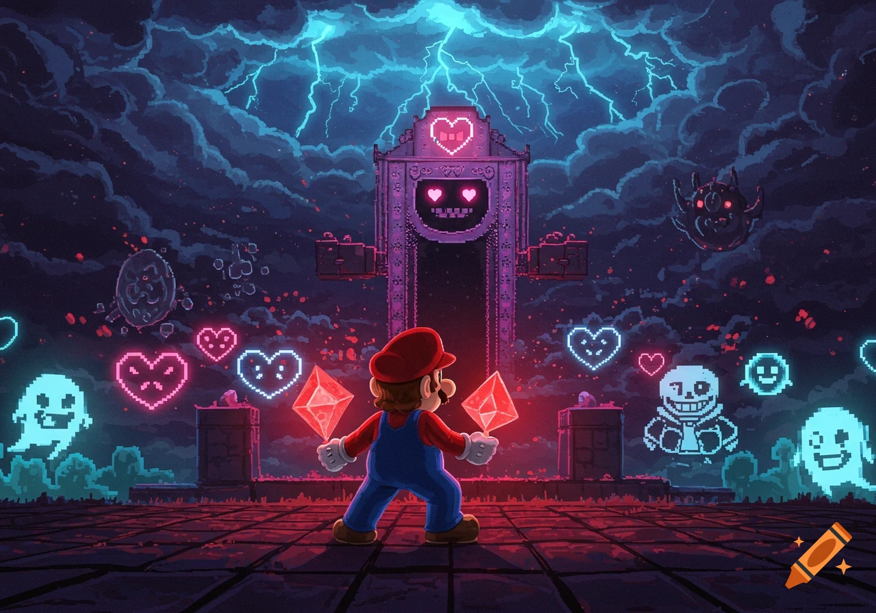 Pixel art of Mario facing a giant pixelated boss in a dark, stormy ...