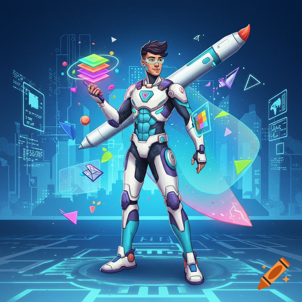 A colorful, geometric human figure stands amidst floating art supplies ...