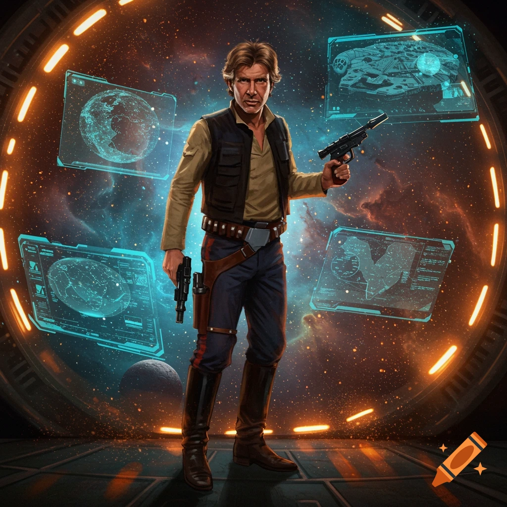 Space adventure scene with Han Solo avoiding a boulder using a high ...
