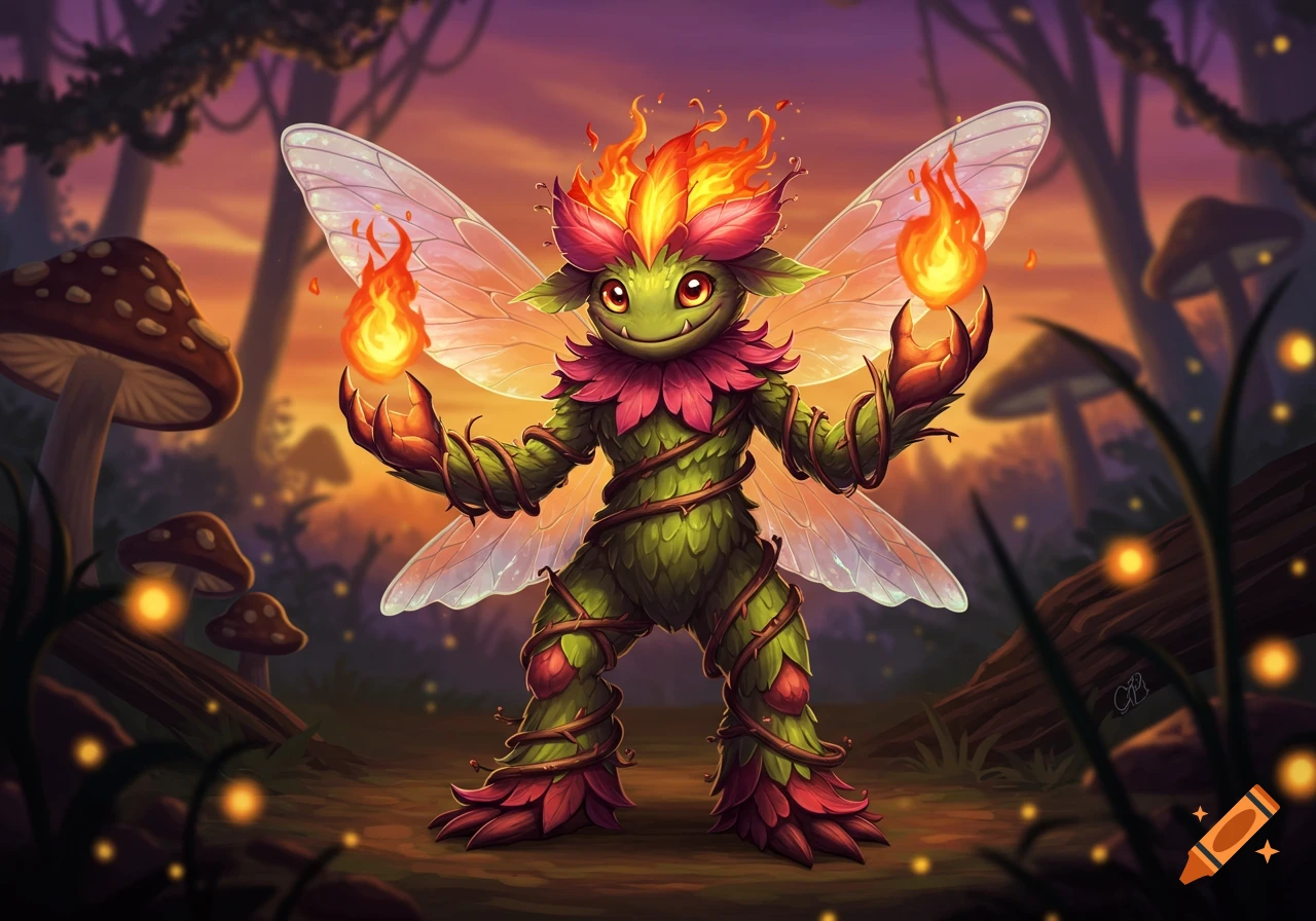 A stylized green plant fairy monster with fire on its head, red petals ...