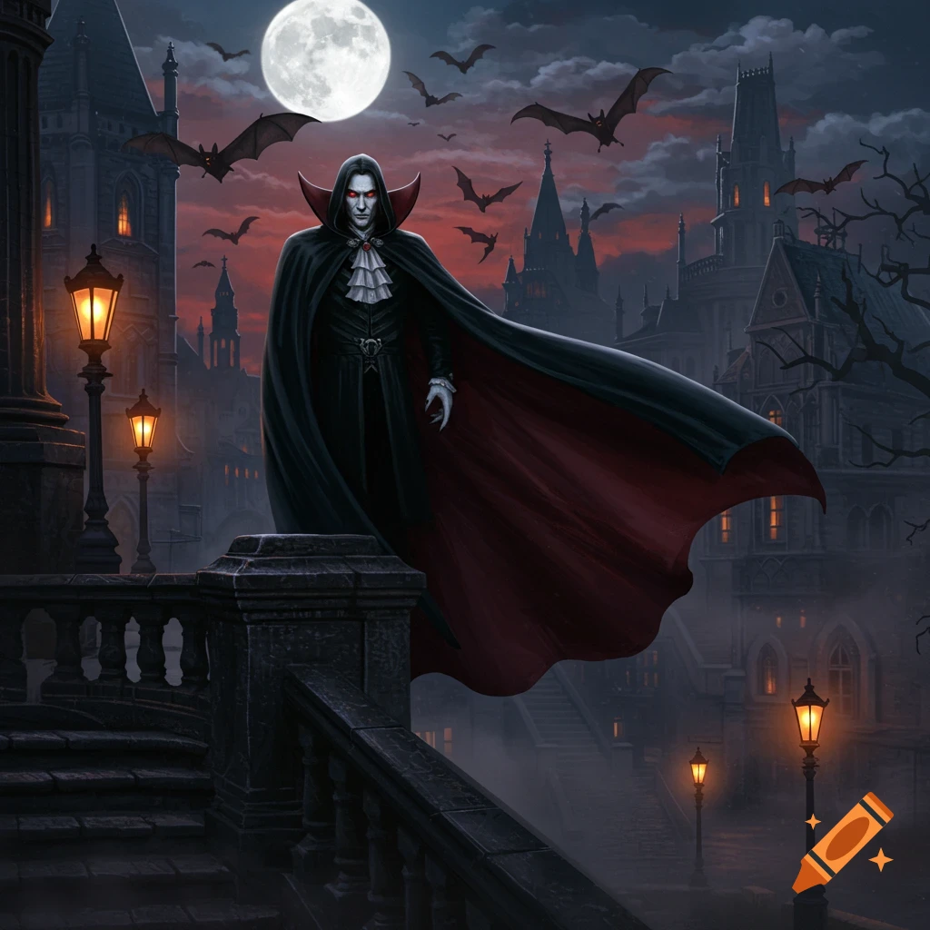 A vampire king in a crown and cape stands on a gothic castle balcony ...