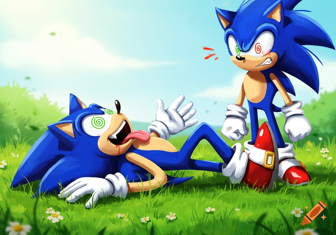 Sonic lying knocked out on grass with swirly eyes and tongue out, while an angry Sonic stands ...