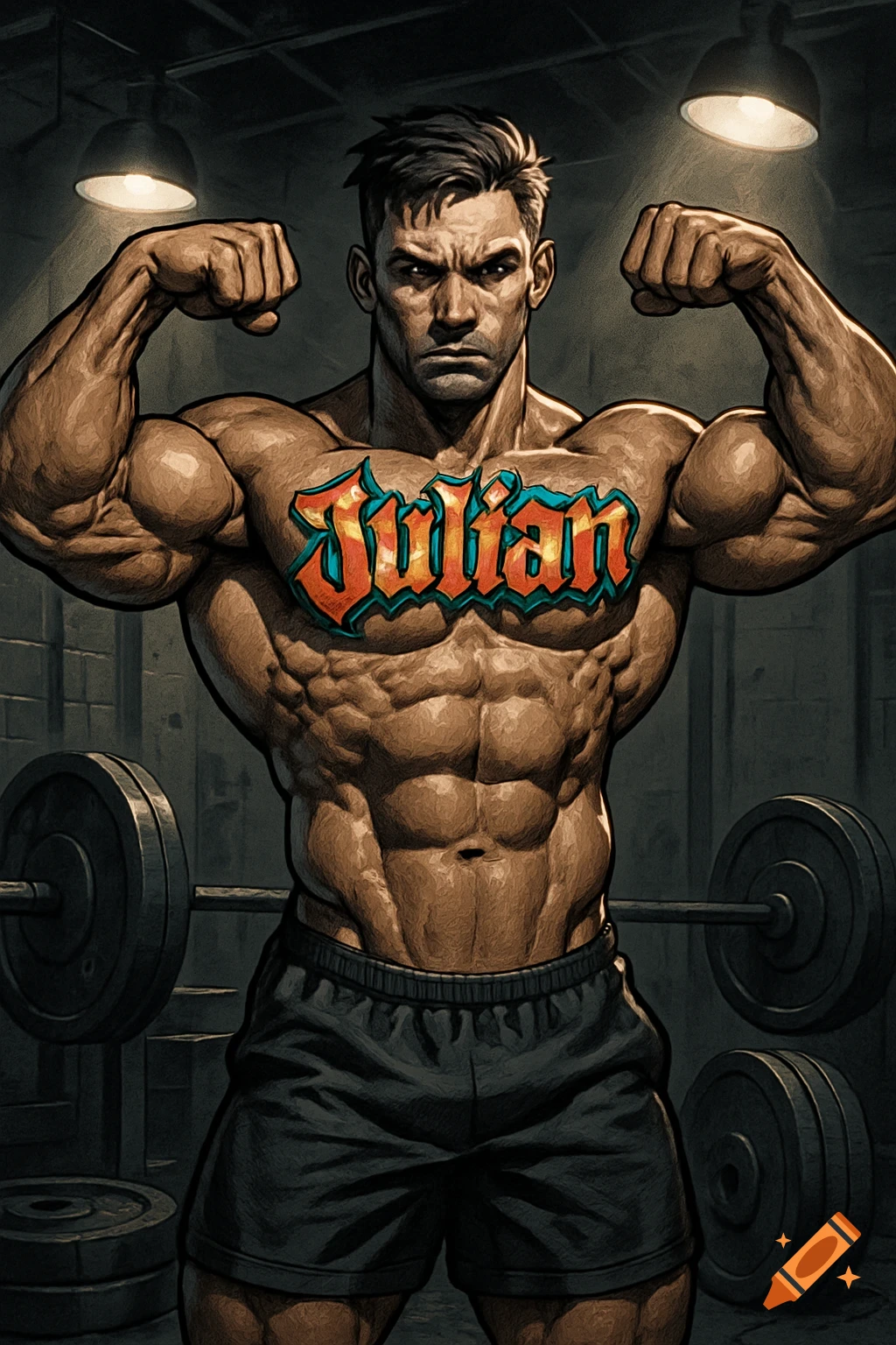 Stylized illustration of a muscular, sweating man with a six-pack ...