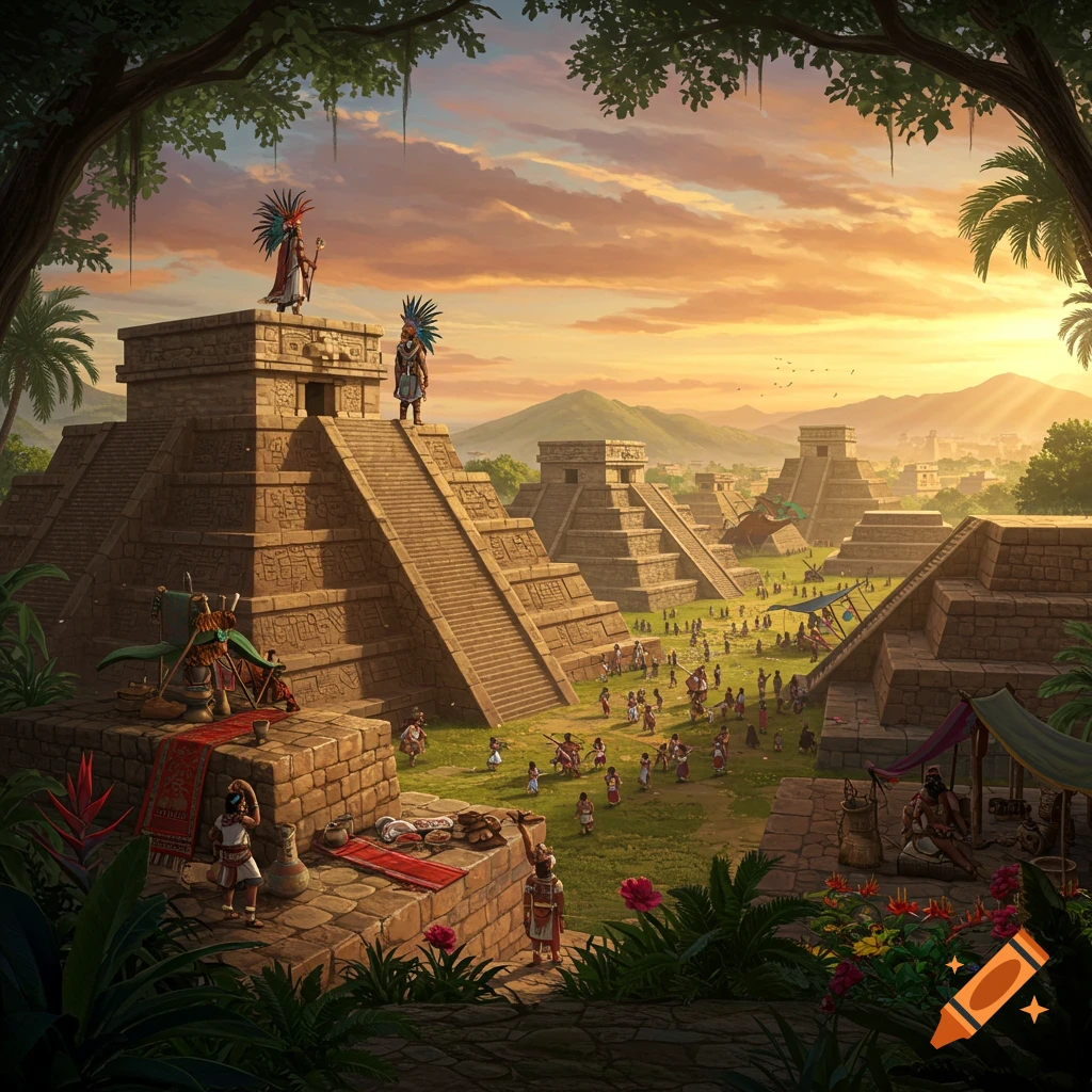 A vibrant aerial view of an ancient Aztec city with large stone ...