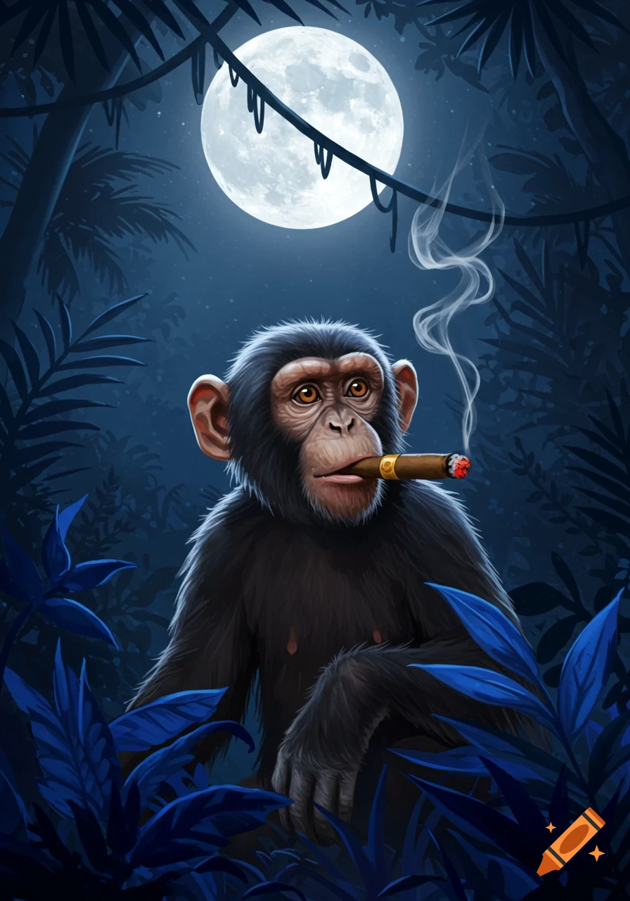 A chimpanzee smoking a cigar in a dark jungle under a full moon ...