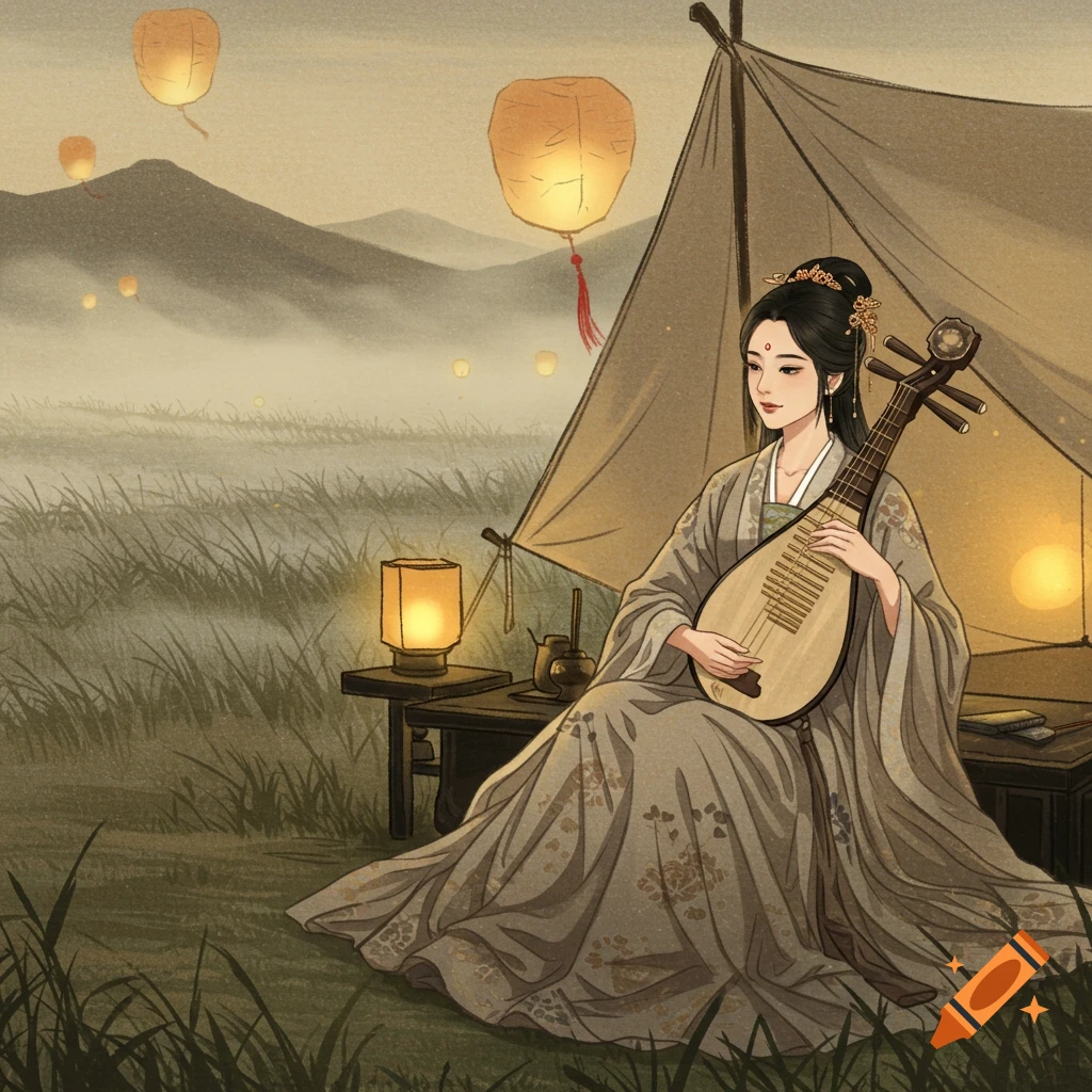 A woman in traditional attire plays a pipa by a tent at night, with sky ...