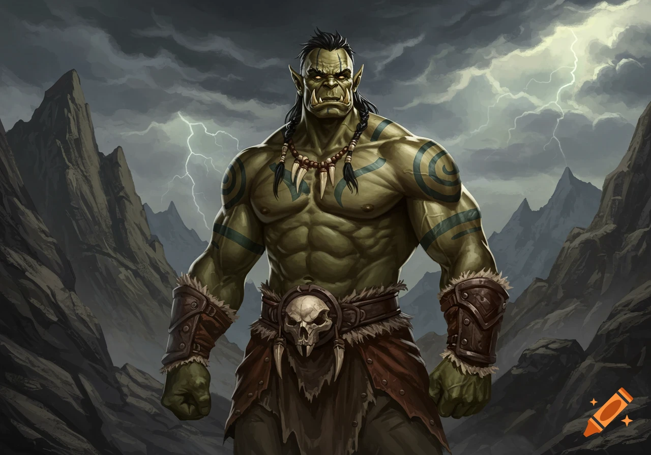 A muscular green orc barbarian with long dark hair, wearing armor and ...
