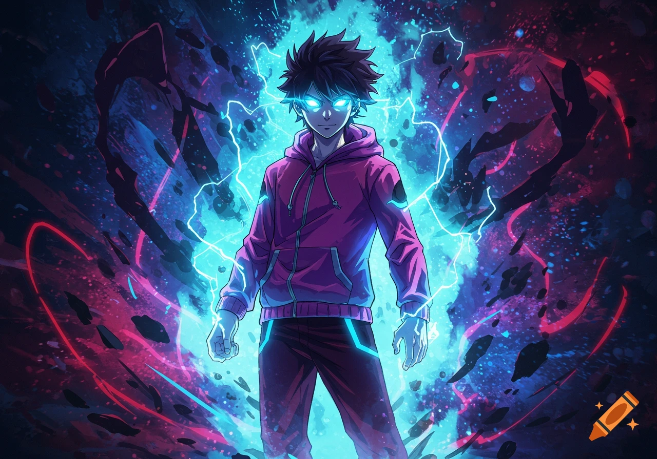 Anime character with purple hair on a floating island, surrounded by a ...