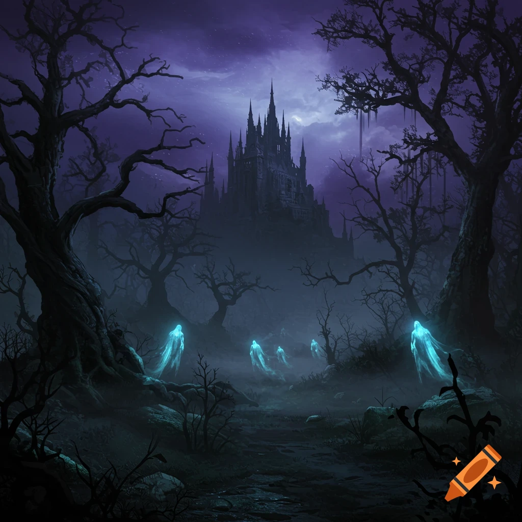 A dark fantasy digital painting showing a gothic castle in mist ...