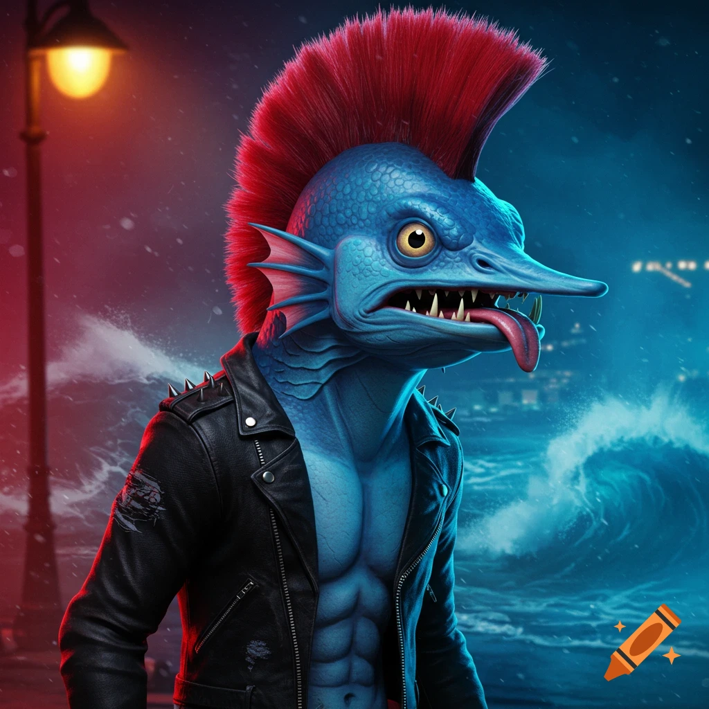 A blue fish-man with a red mohawk and sharp teeth, wearing a studded ...